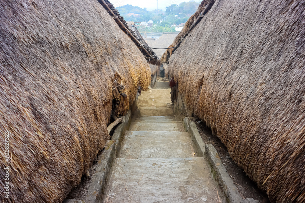 Perspective view of footpath between thatched roof of Sasak tribe ...