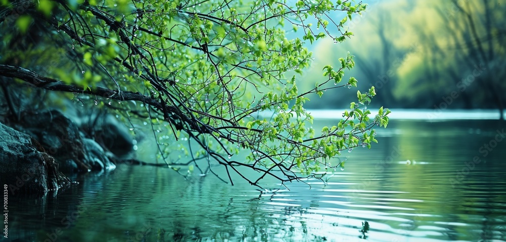 A peaceful riverside in early spring, neon spring river green veins in ...