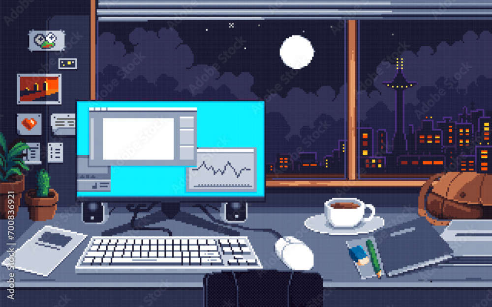 Pixel art illustration Work Desk Background. Pixelated Work Desk. Work ...