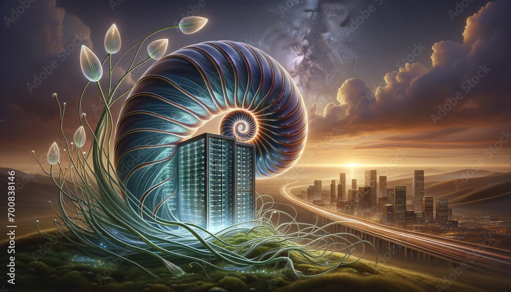 Translucent data center in organic shell structure, surrounded by fiber ...