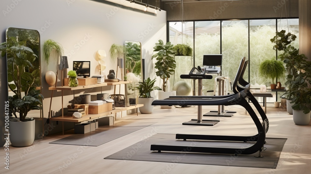 Energize productivity with a wellness-focused office design: standing desks, treadmill ...