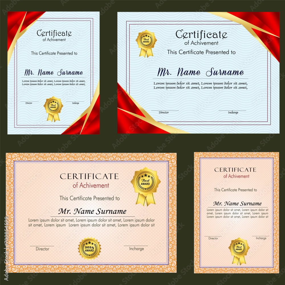 Certificate of achievement template set with gold badge and border ...
