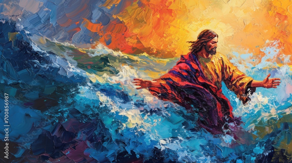 Vibrant depiction of Jesus calming the Sea of Galilee, showcasing his ...