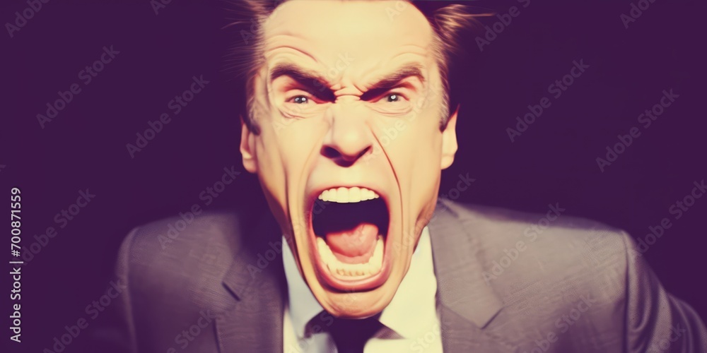 A hyper-detailed portrait depicts an enraged man in a suit, his mouth ...