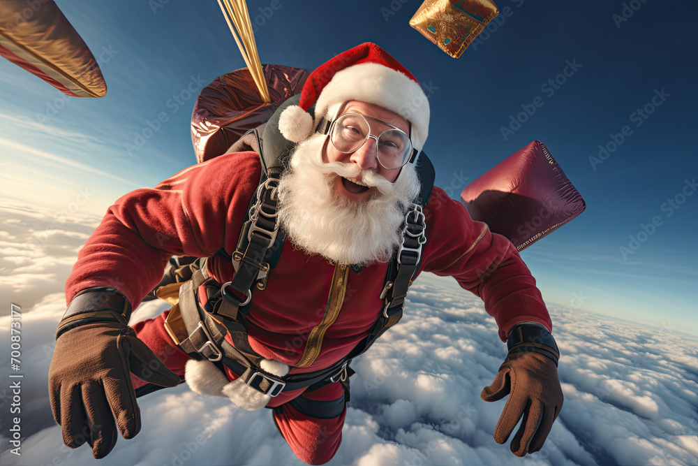Fantasy art of Santa Claus skydiving, bungee jumping, parachute ...