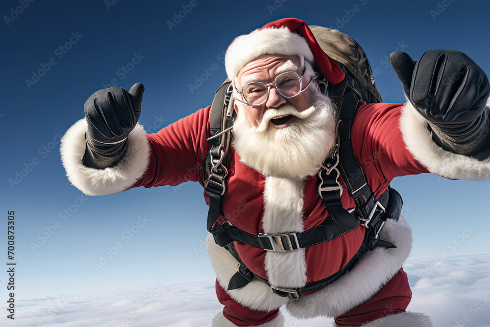 Fantasy art of Santa Claus skydiving, bungee jumping, parachute ...