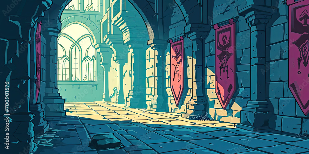 Retro vintage video game style graphics fantasy hall, castle interior ...