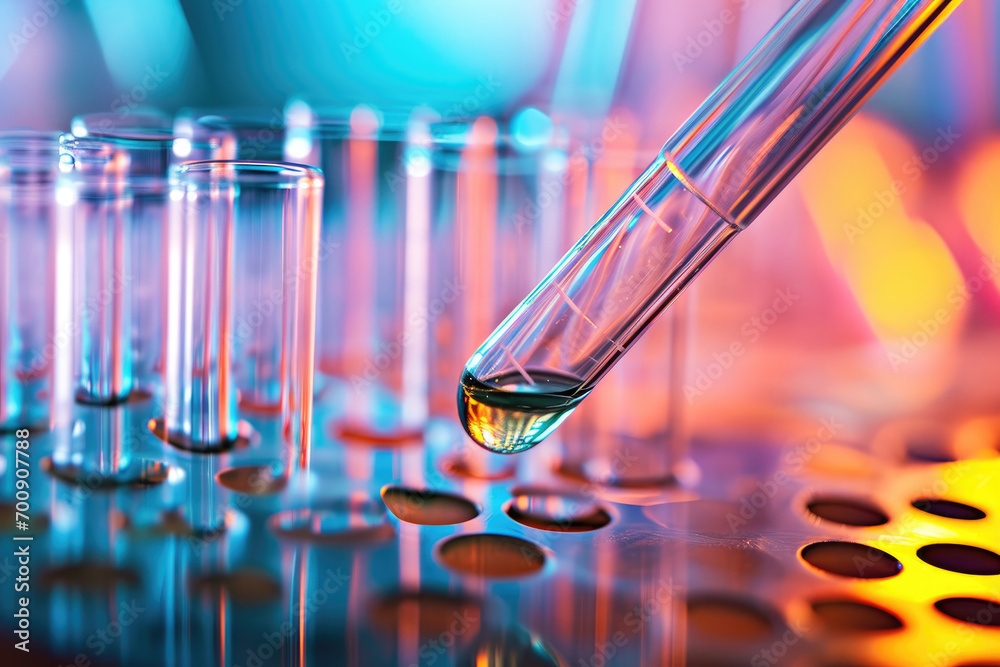 test tubes in laboratory, Dripping liquid from pipette into test tube ...