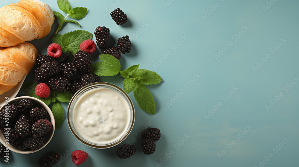 breakfast table. Milk on a pale blue background with fresh croissants ...