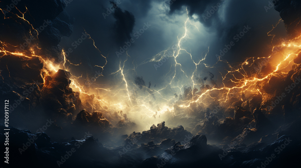 3d lightning strikes color splashes and storm clouds in the city Stock ...