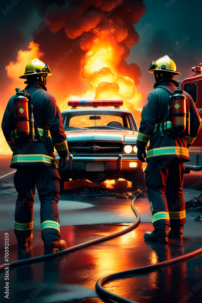 A firefighter complete with firefighting suit firefighter deploys an ...