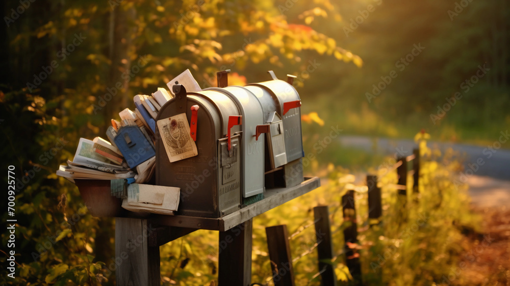 A rural mailbox is overflowing with an assortment of mail, including ...