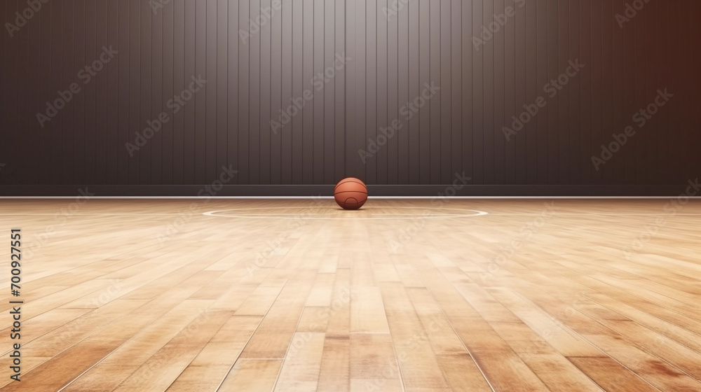 Basketball court side view mockup with hoop tribune and wood parquet ...