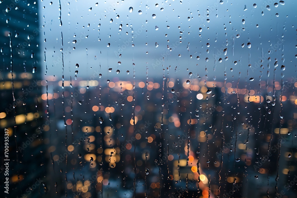 rain water droplets on the glass window with the view of city skyline ...