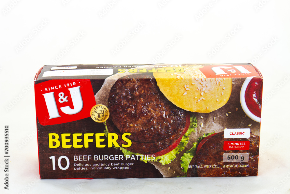Johannesburg, South Africa - a box of I&J beef burgers isolated on a ...