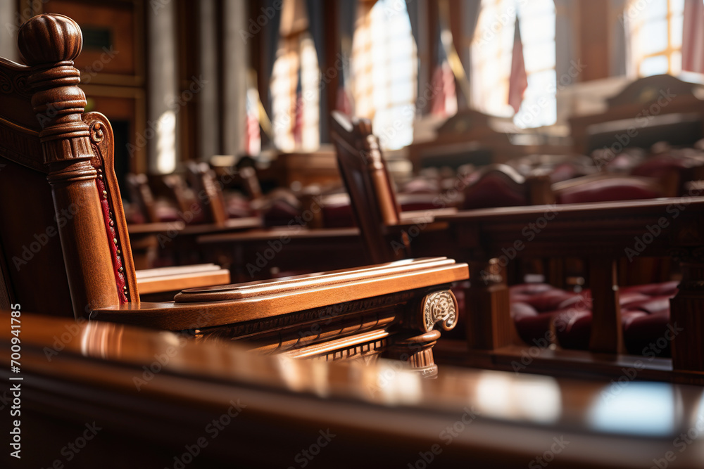 Courtroom with beautiful wooden seats. Law and law concept. Generated ...