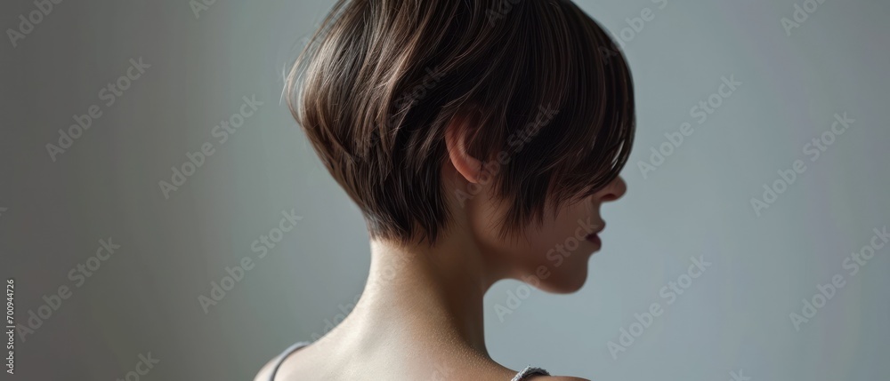 the back of a woman's head is shown with a short haircut and a side ...