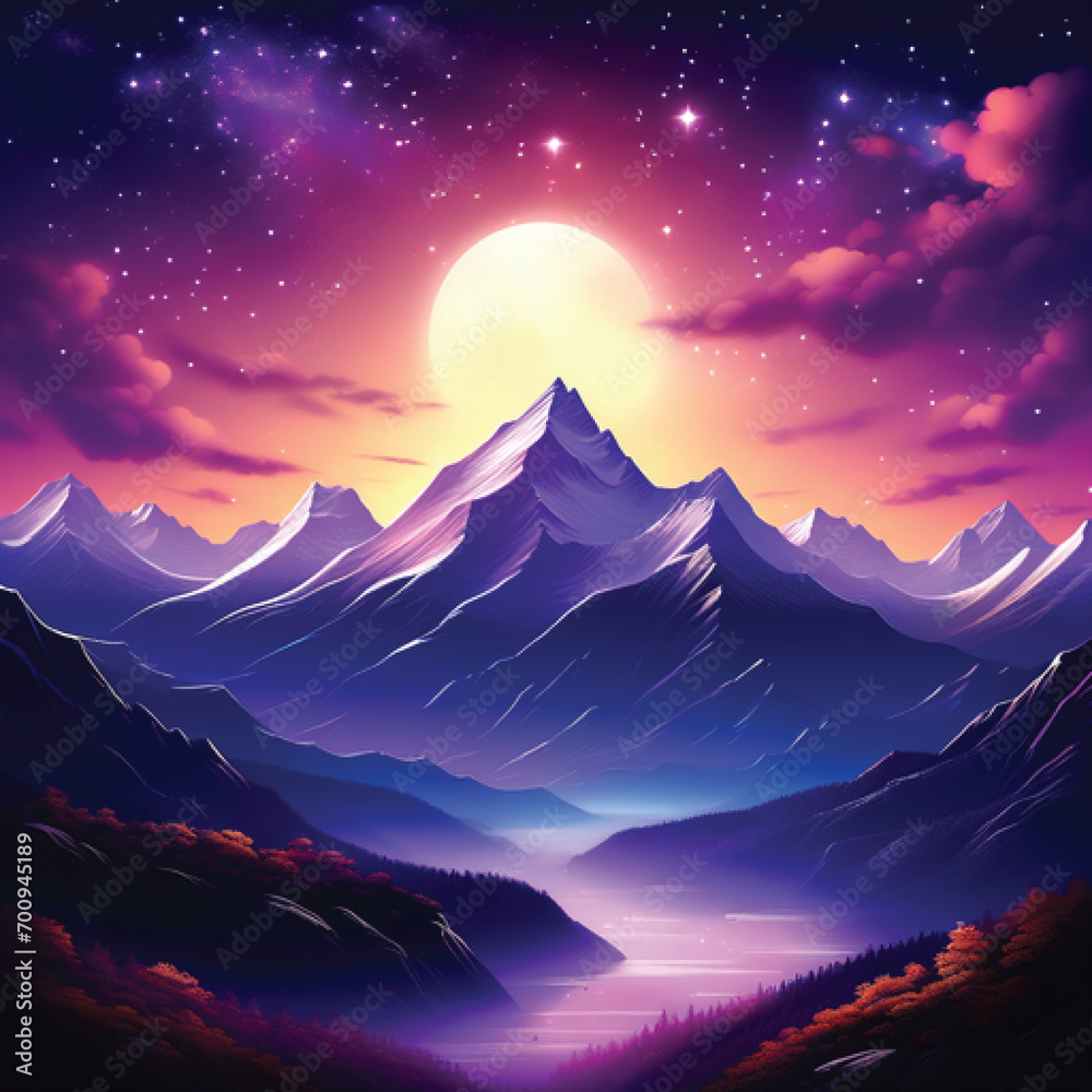 Ai geneates a realistic illustration of mountains, in the middle of the ...