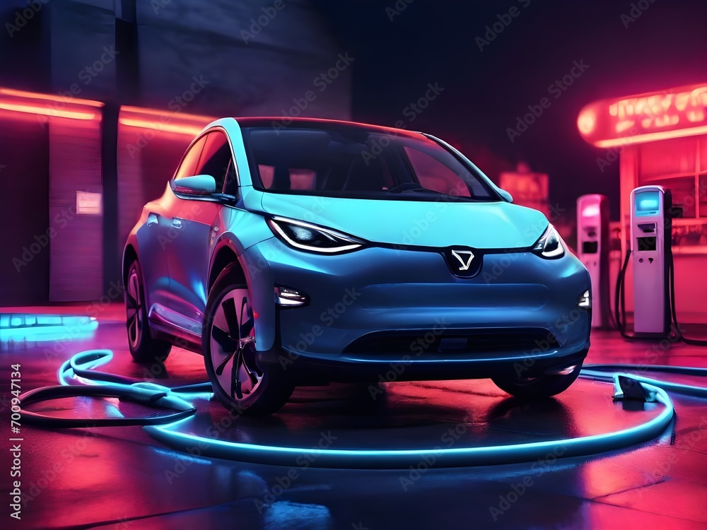 Closeup of electric car charging at electricity filling station in the ...