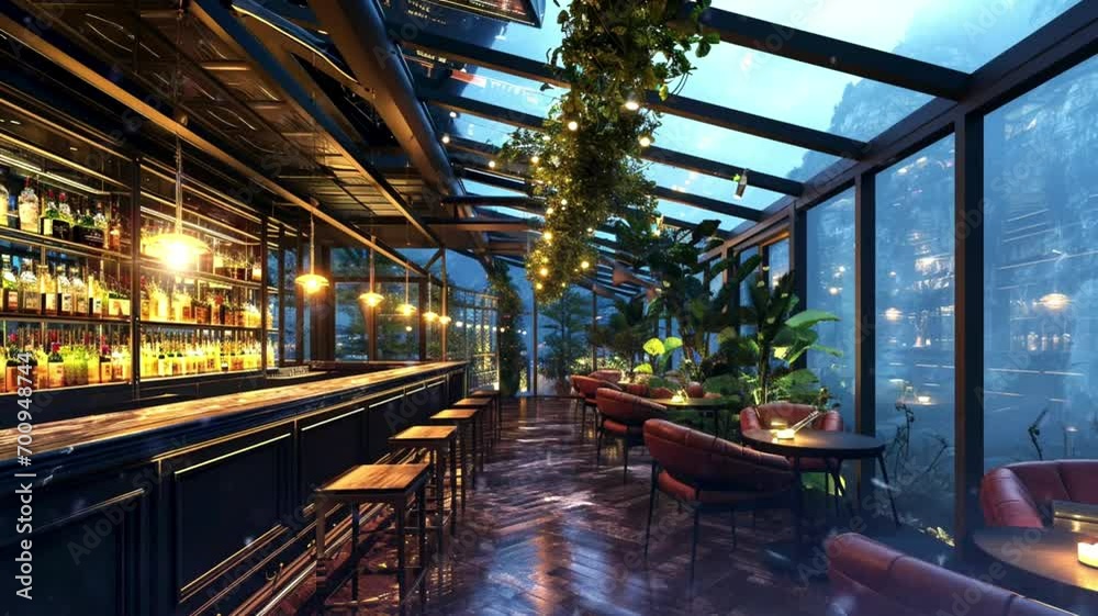 Vidéo Stock Bar House with beautiful glass roof in the night, loop ...