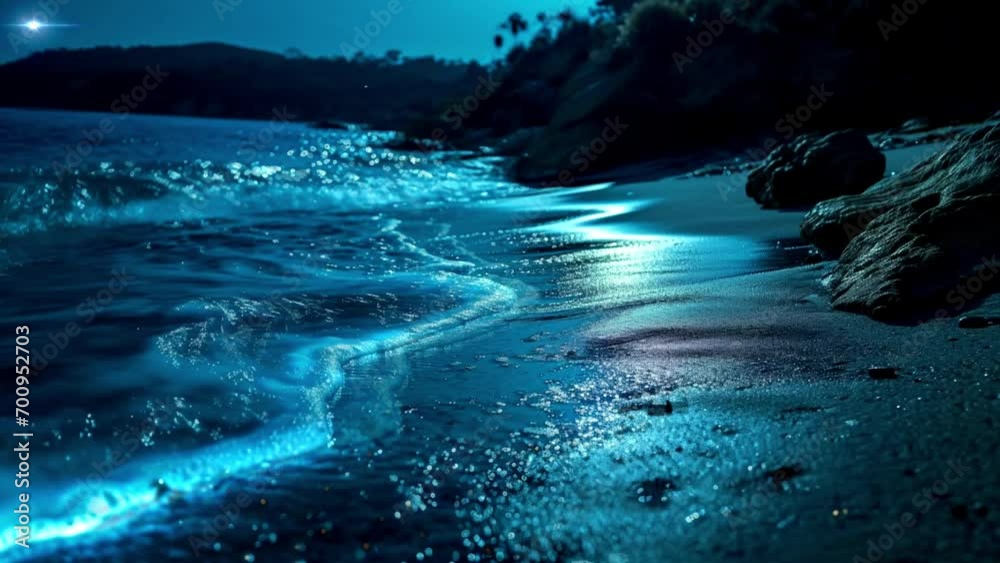 Vidéo Stock A beach with water that glows with a bioluminescent blue ...