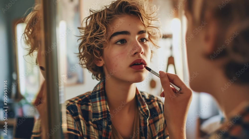 copy space, stockphoto, young gender fluid person standing in front of ...