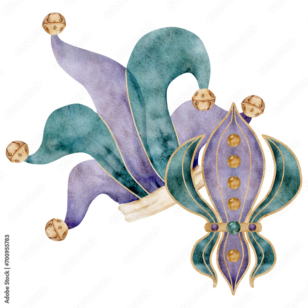 Hand drawn watercolor Mardi Gras carnival symbols. Jester fool hat ...