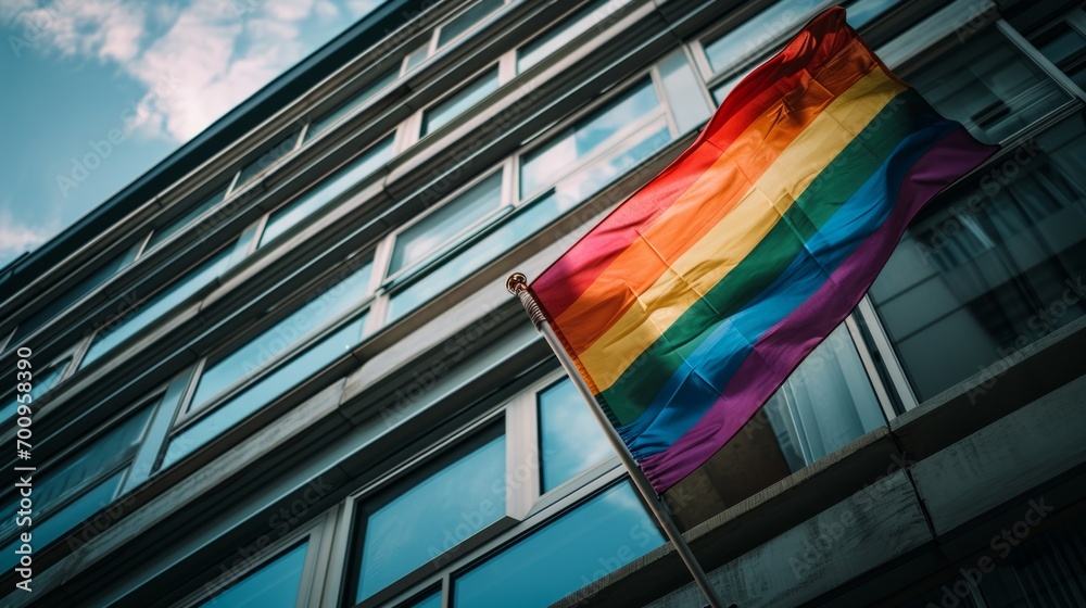 LGBT flag. Huge flag on the building. Freedom of love and diversity ...