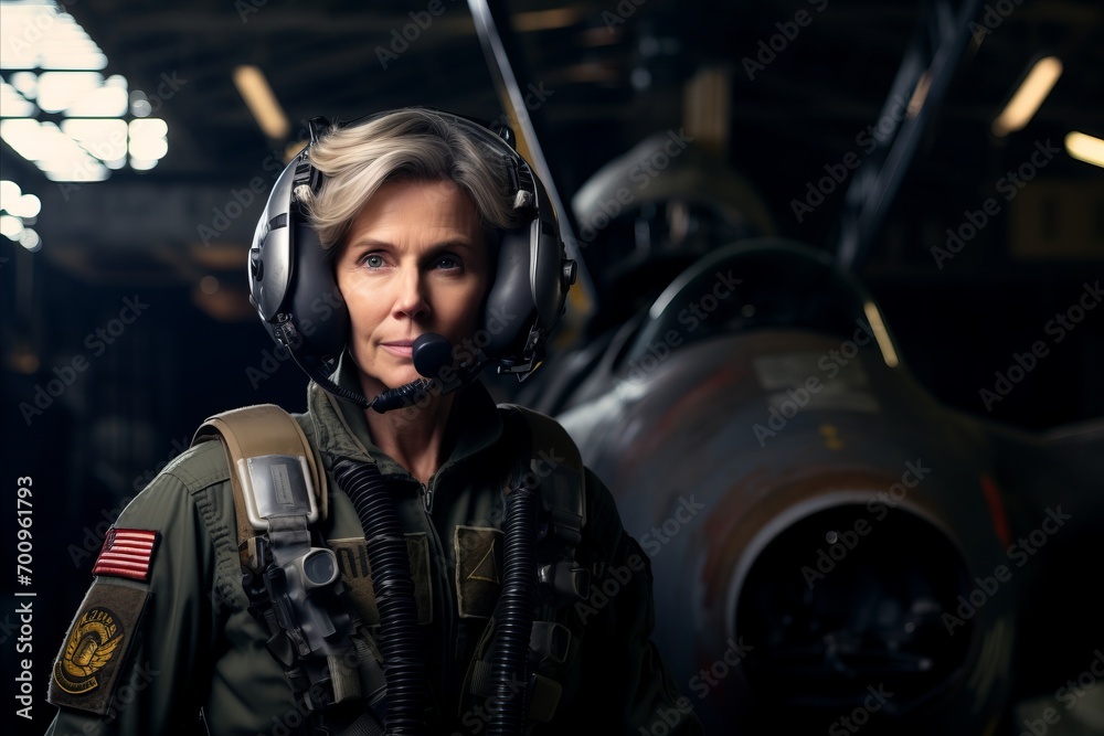 Portrait of mature female pilot in aviator's helmet and goggles Stock ...