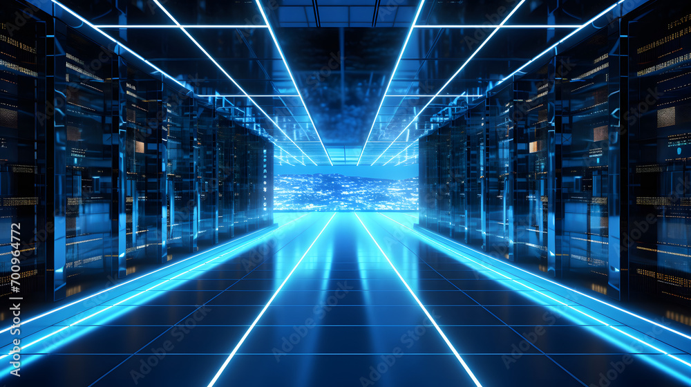 Ultra-modern data center with server racks LED lights and a network ...