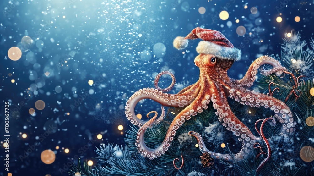 Octopus wearing a Santa hat perched on top of a Christmas tree. This ...