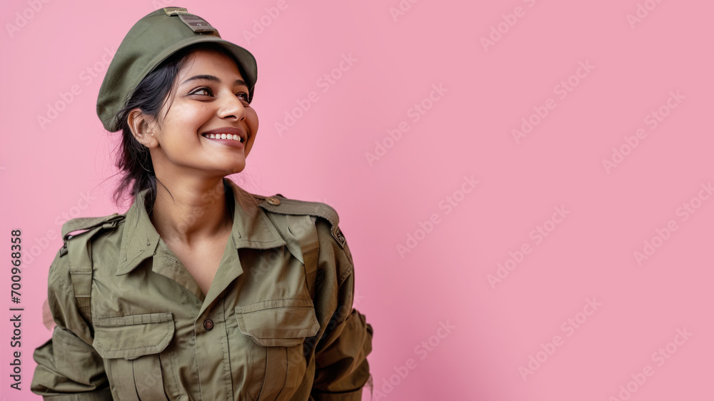 Indian woman in Paramilitary Forces uniform isolated on pastel ...