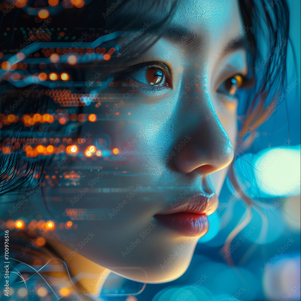 futuristic tech woman with Line of Code Projected on Her Face and ...