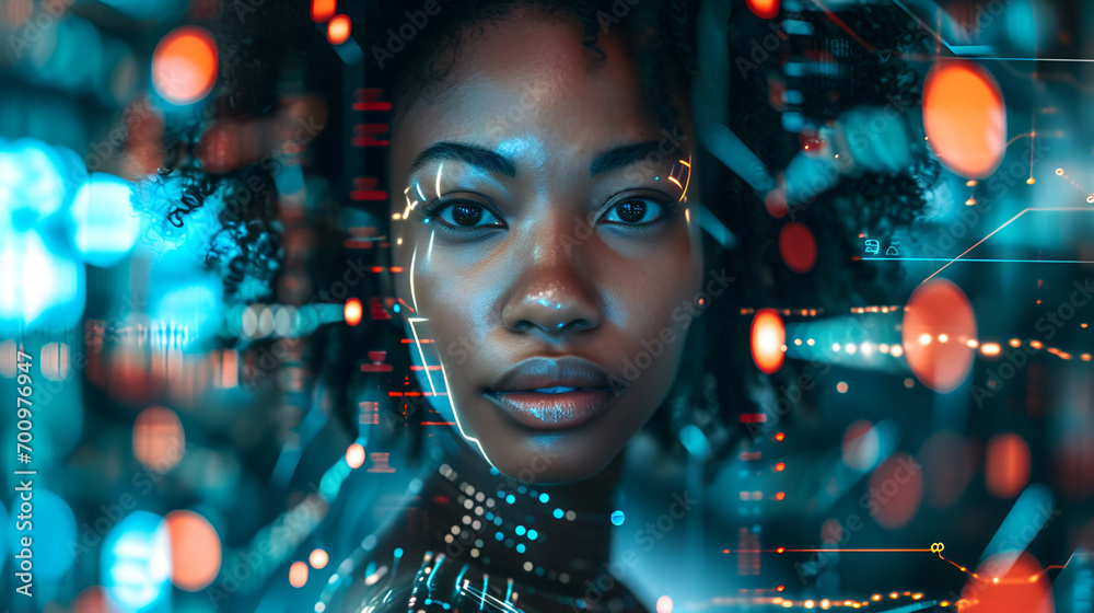 futuristic tech black woman with Line of Code Projected on Her Face and ...