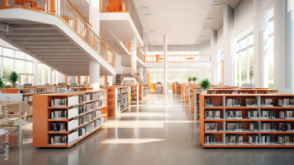 Interior of a modern urban library with rows of books and reading areas ...
