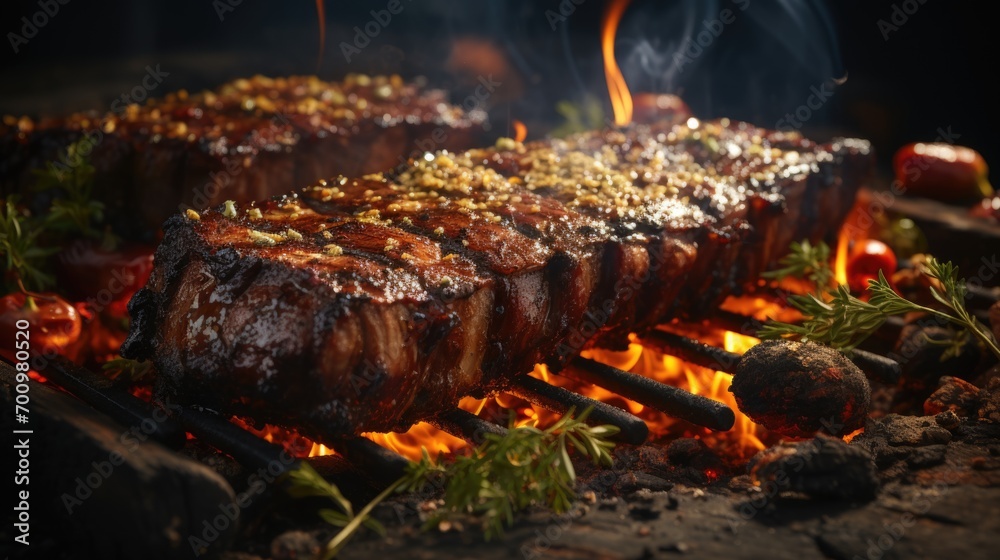 An outdoor photograph of a tasty delightful cow ribs on spit ground ...
