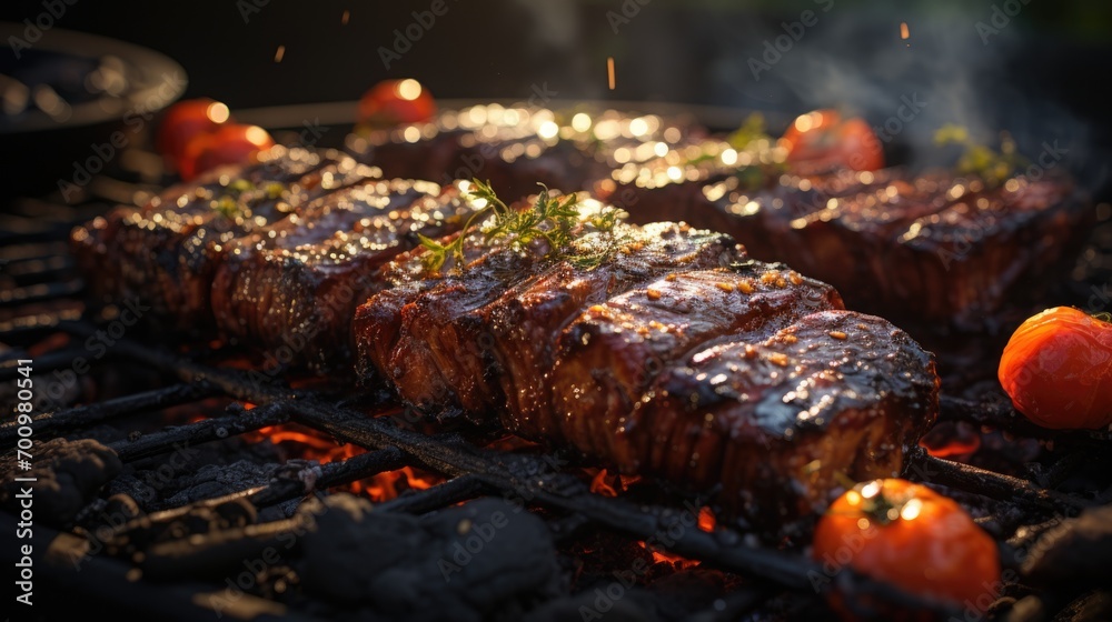An outdoor photograph of a tasty delightful cow ribs on spit ground ...