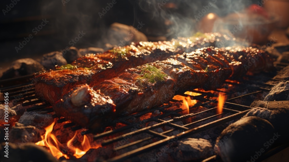 An outdoor photograph of a tasty delightful cow ribs on spit ground ...