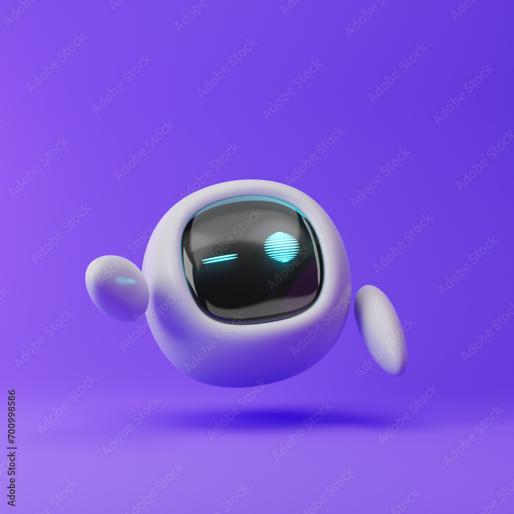 Cute robot with pointing hand and winking eye isolated over purple ...