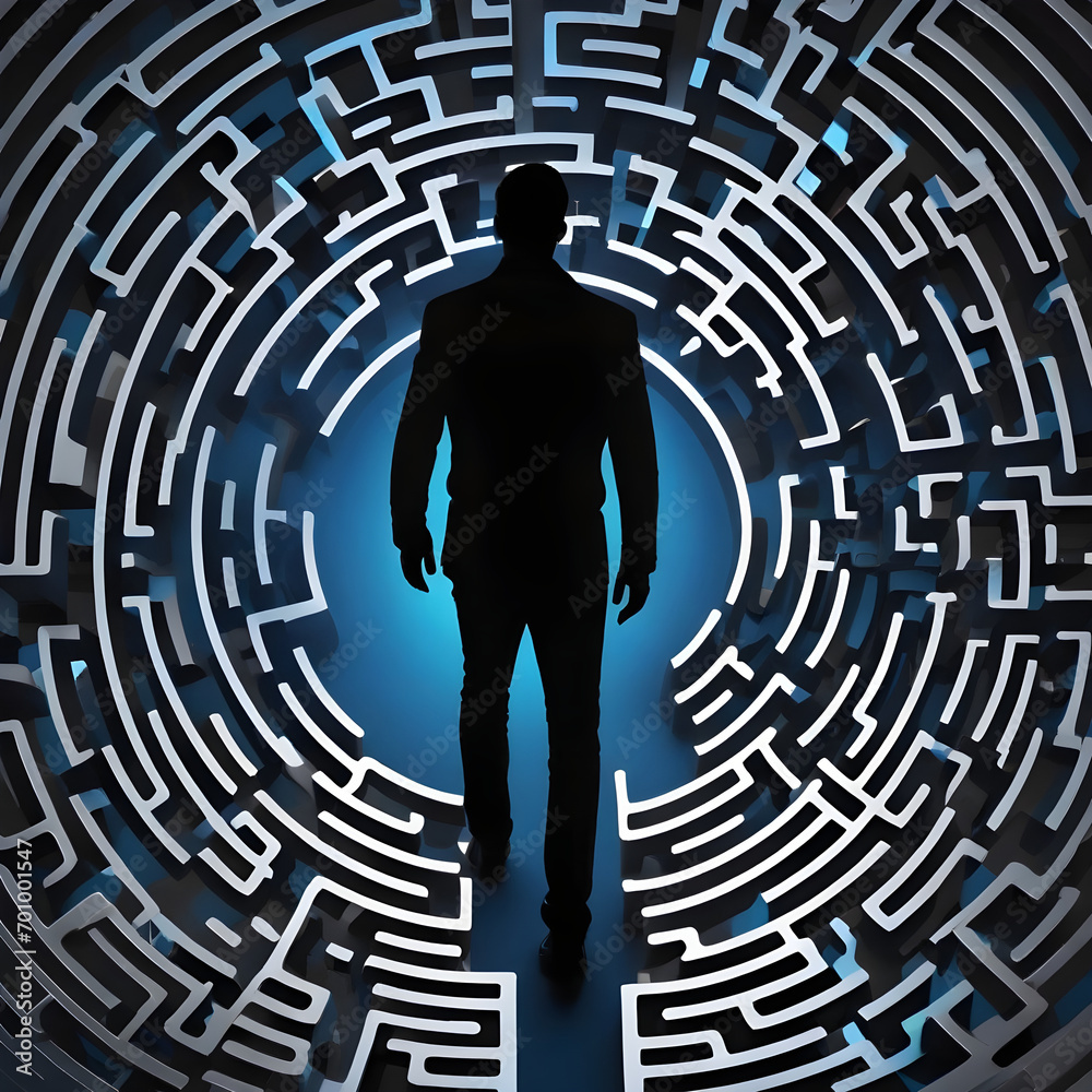States of mind and psychology concept. Man silhouette in maze or ...