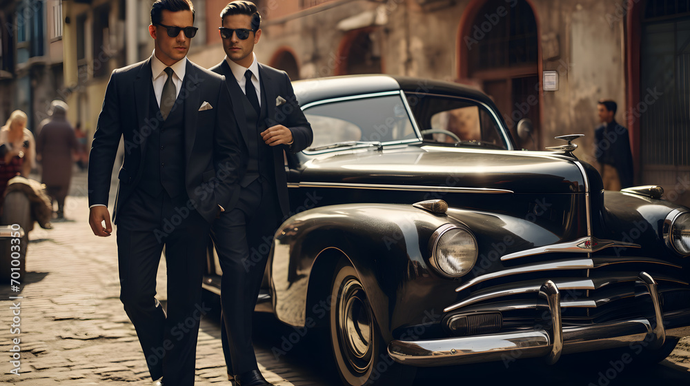 Classic 1930s gangsters in suits with vintage cars in an old city ...