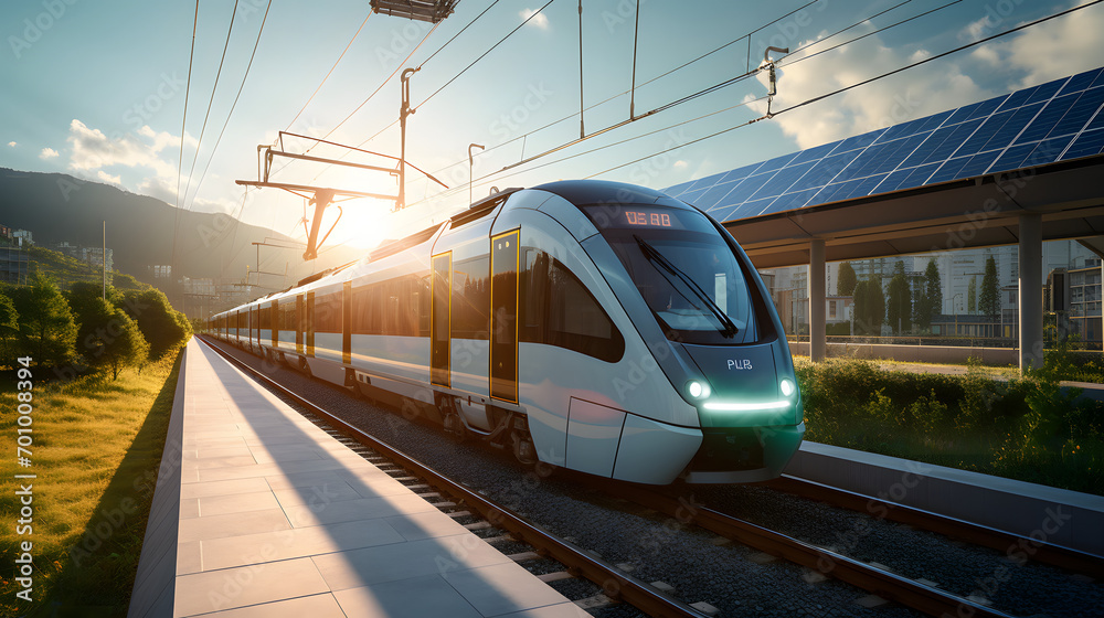 A modern electric train arriving at a solar-powered station in an eco ...