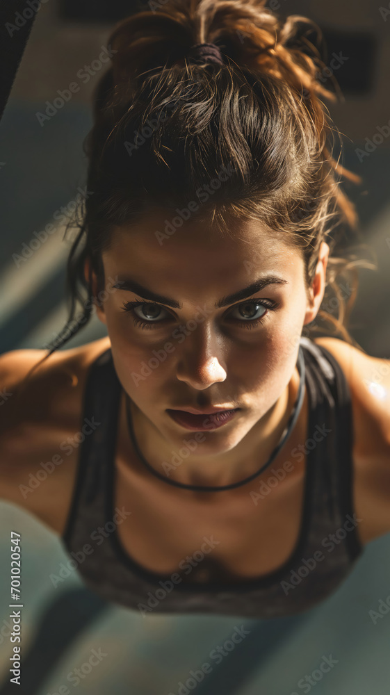 A portrait of a woman in the gym, a female bodybuilder looking at ...
