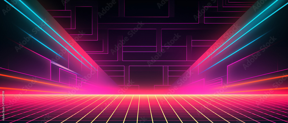 Vibrant neon lines form a grid on a retro 1980s-style background ...