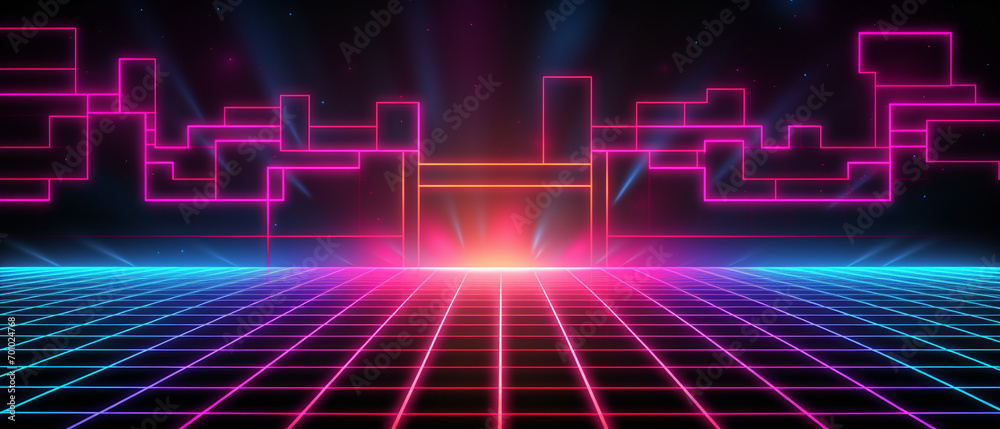 Neon lines glow on a grid, evoking retro 80s nostalgia, perfect for a ...
