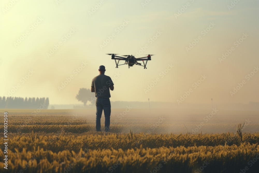 Farmer using drone to irrigate corn field from pests. Fusion of technology and traditional ...
