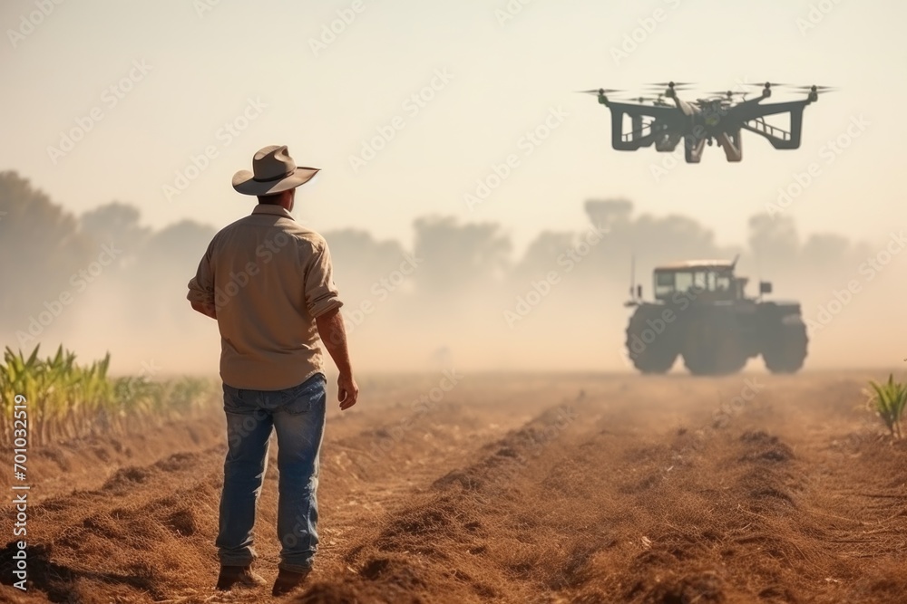 Farmer using drone to irrigate corn field from pests. Fusion of technology and traditional ...
