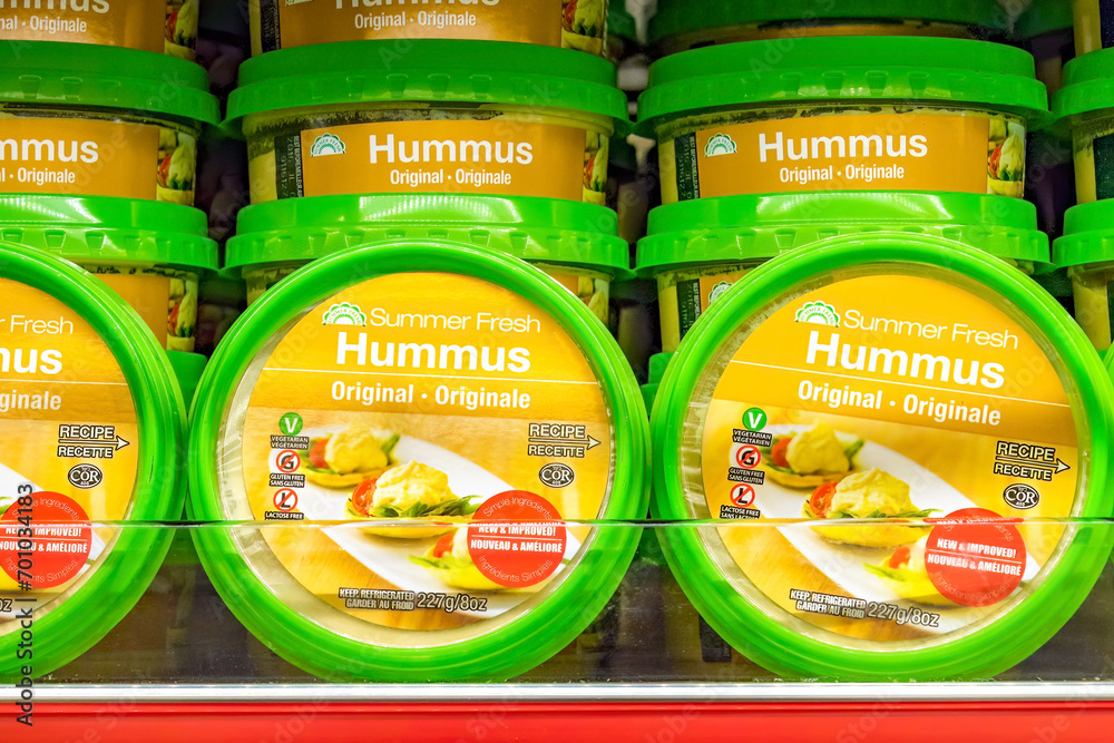 Containers of hummus food in a retail display, Toronto, Canada Stock ...