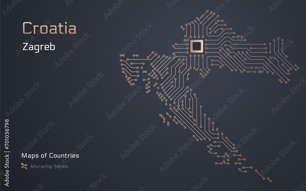Croatia Map with a capital of Zagreb Shown in a Microchip Pattern. E ...