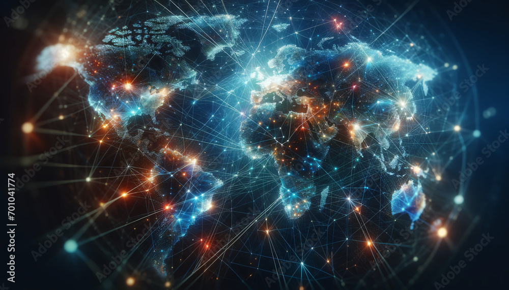 An abstract, futuristic technology background depicting a global network connection and ...